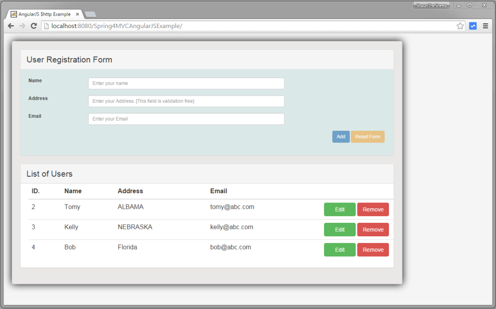 Spring 4 MVC AngularJS CRUD Example Using http Service WebSystique Spring 4 MVC AngularJS CRUD Example Using http Service WebSystique